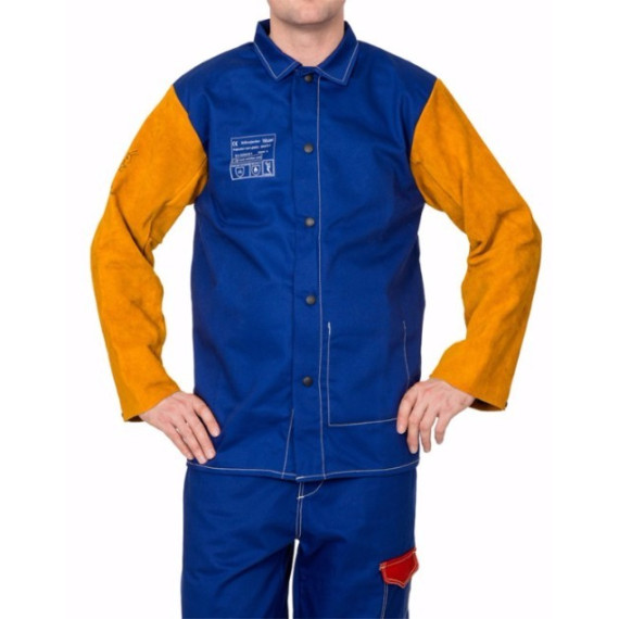 Flame retardant blue welding jacket with leather sleeves WELDAS ...